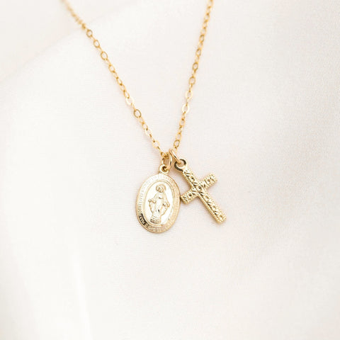Tiny Virgin Mary & Cross Necklace | Simple & Dainty