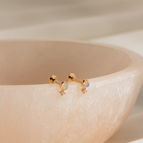 Dainty Opal + Diamond Flat Back Earring | Simple & Dainty